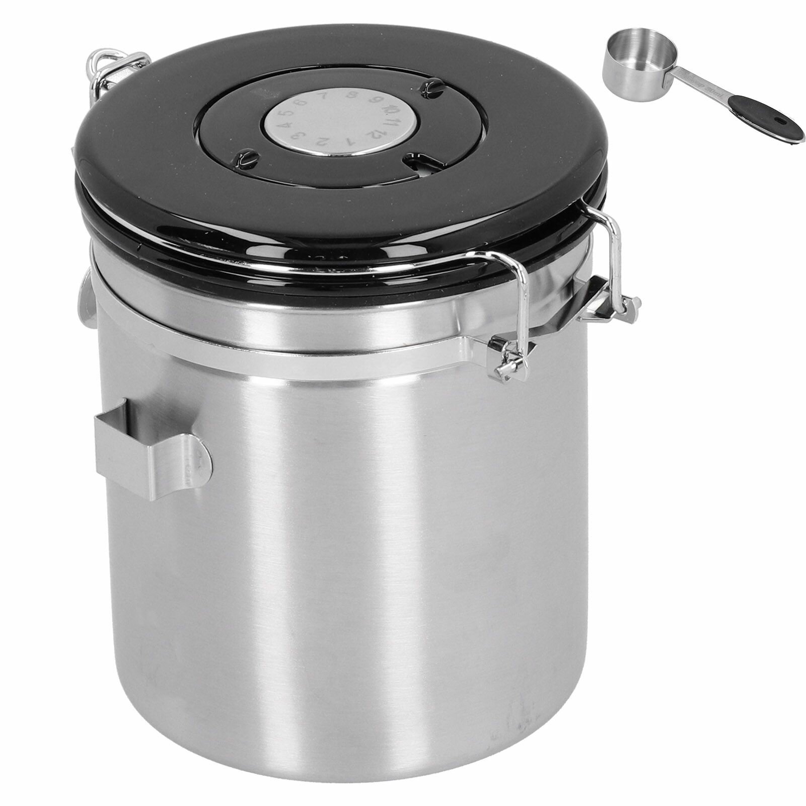 Кофейные зерна, герметичная банка, контейнер с выпускным клапаном, ложка для домашней кухни, серебро