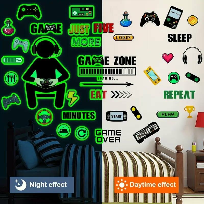 Наклейки для стен Gamerskie Наклейки для стен Светящиеся в темноте Игровые наклейки Контроллеры для игр Наклейки для комнаты с играми Видеоигровые наклейки для мальчиков девочек Детская комната Игровая комната Материал: бумага Размер: 30*20 см