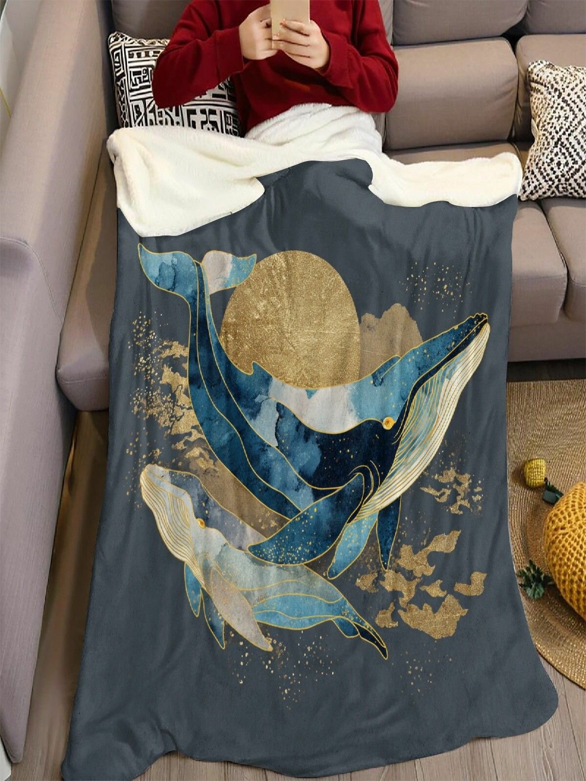 Плед фланелевый 240 x 220 cm с Океанический абстрактный кит принтом мягкое одеяло для дивана и кровати