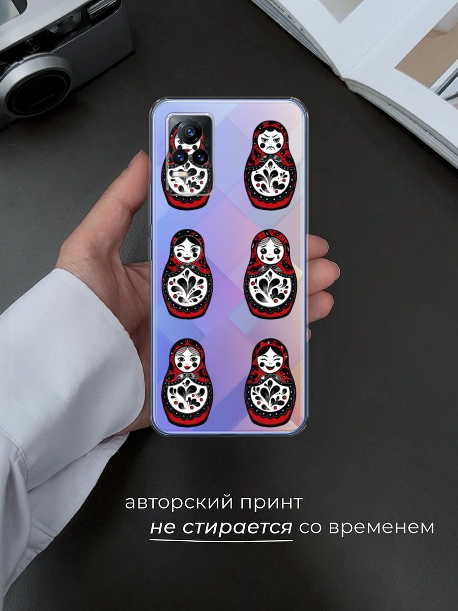Чехол на Vivo V21e 4G / Виво V21e 4G с принтом Разные матрешки, прозрачный — фото 1