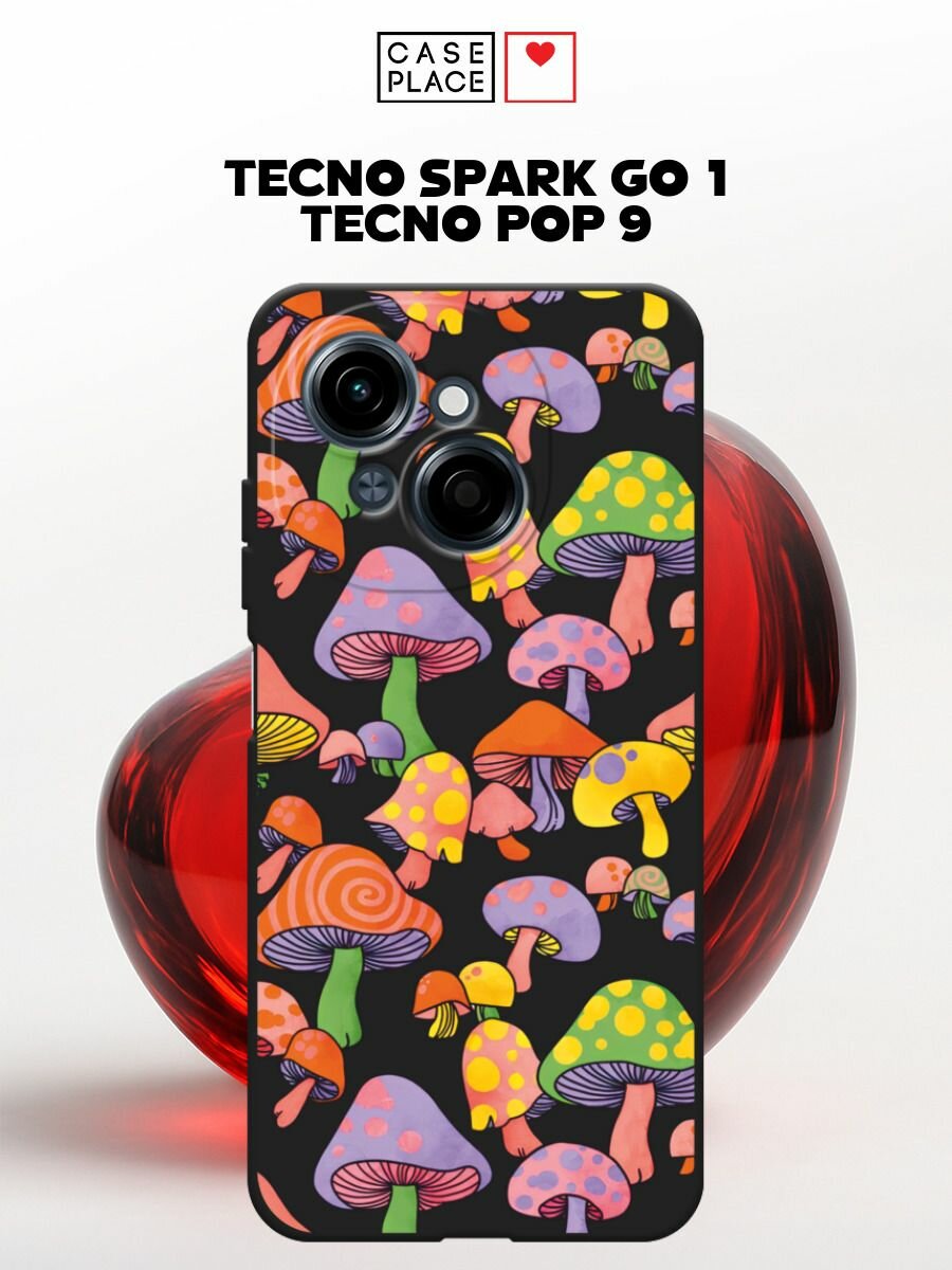 Черный матовый чехол на Tecno Spark Go 1/Pop 9 / Текно Спарк Го 1/Поп 9 с принтом Цветные грибы