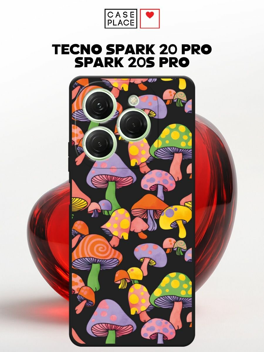 Черный матовый чехол на Tecno Spark 20 Pro/20S Pro / Текно Спарк 20 Про/20S Pro с принтом Цветные грибы