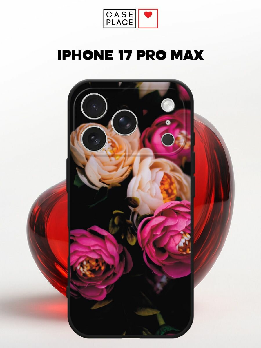 Черный матовый чехол на Apple iPhone 17 Pro Max / Айфон 17 Про Макс с принтом Бордовые пионы