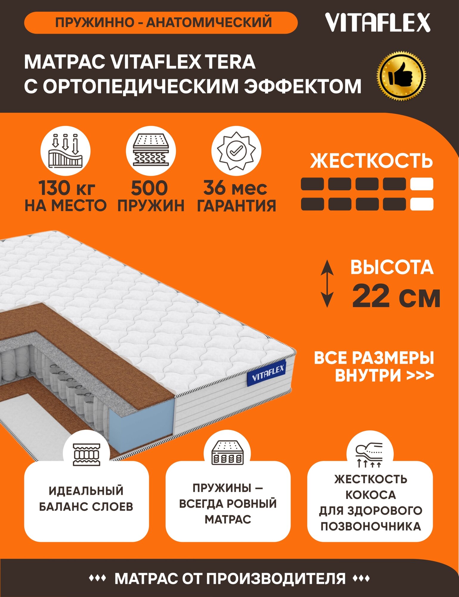 Матрас Vitaflex Tera 80х195 серии Lux высота 22 см анатомический средней жесткости кокосовый Независимые пружины