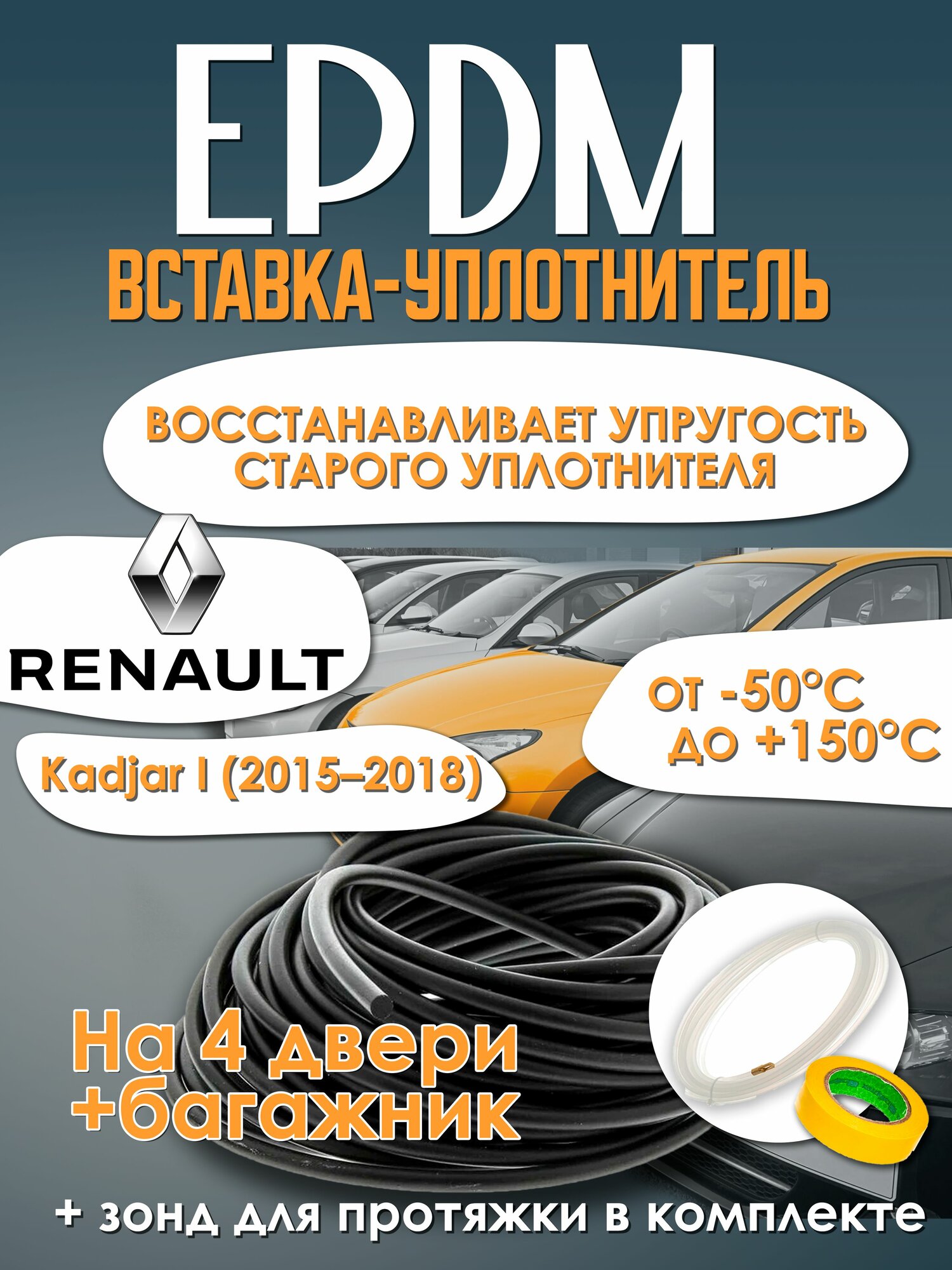 EPDM вставка-уплотнитель для дверей автомобиля Renault Kadjar I (2015-2018) / Рено Каджар 1 поколение