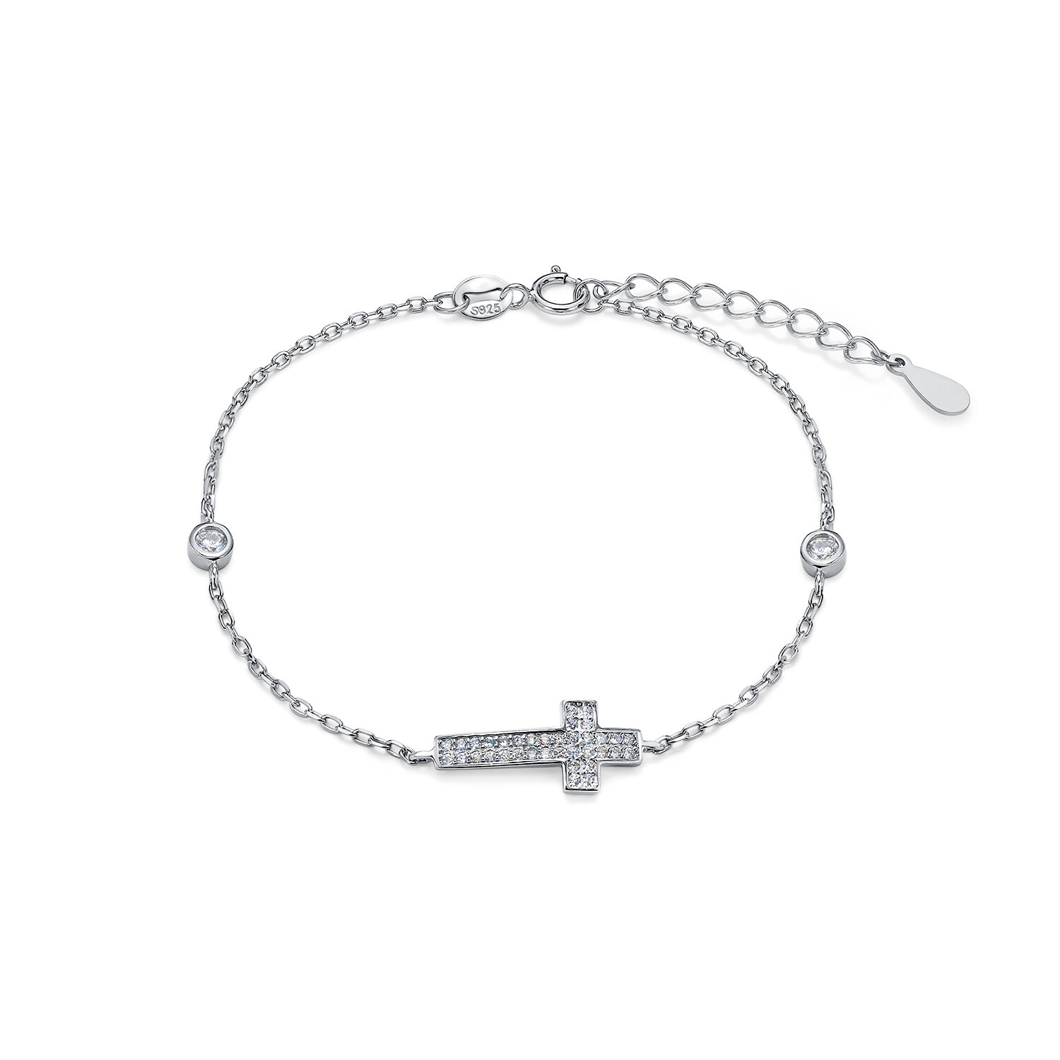 Браслет-цепочка, серебро, 925 проба, родирование, фианит