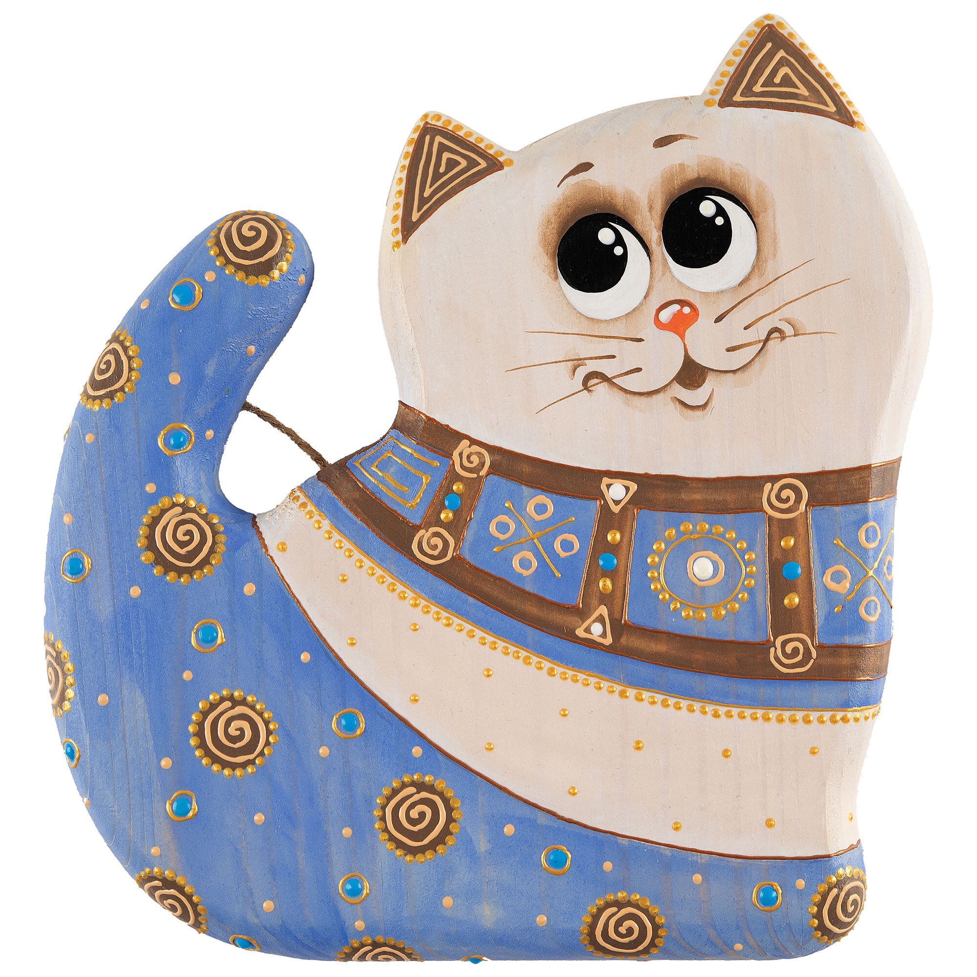 Подвеска деревянная ручной работы Кошка Дуся голубой узор (692502)