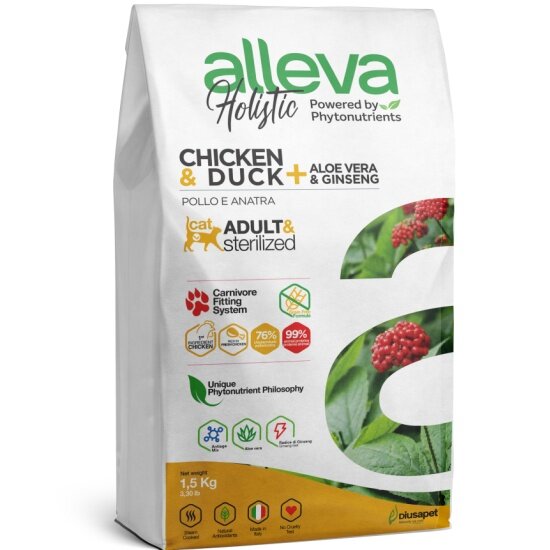 Корм сухой Alleva Holistic для взрослых кошек с курицей и уткой, алое вера и женьшенем 1,5 кг