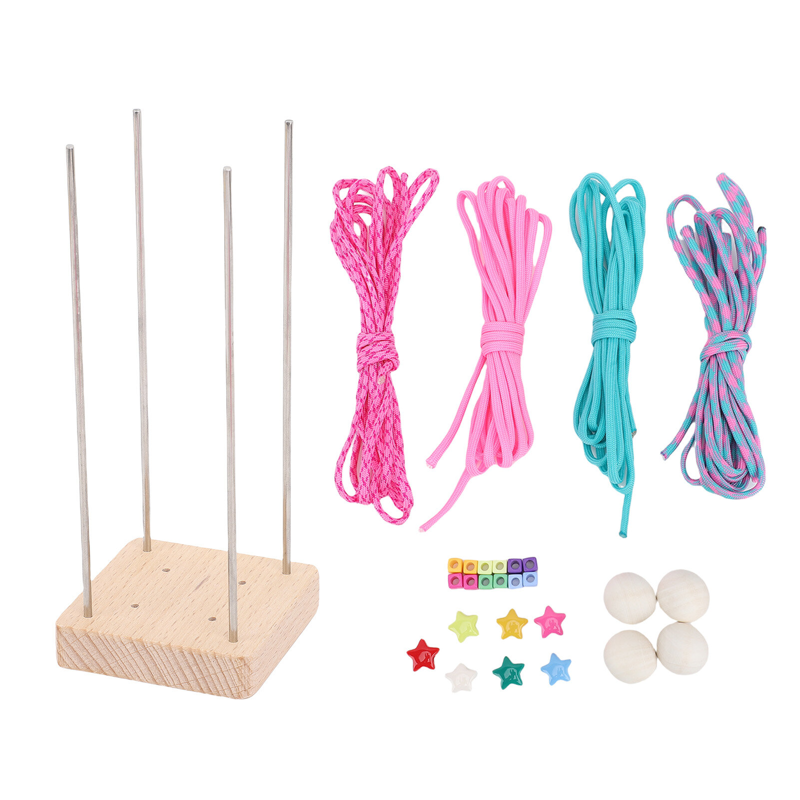 Набор материалов для изготовления «обезьяньего кулака», набор для плетения из паракорда в виде шариков, пластиковые бусины в форме пентаграммы, кубики и разноцветные веревки.