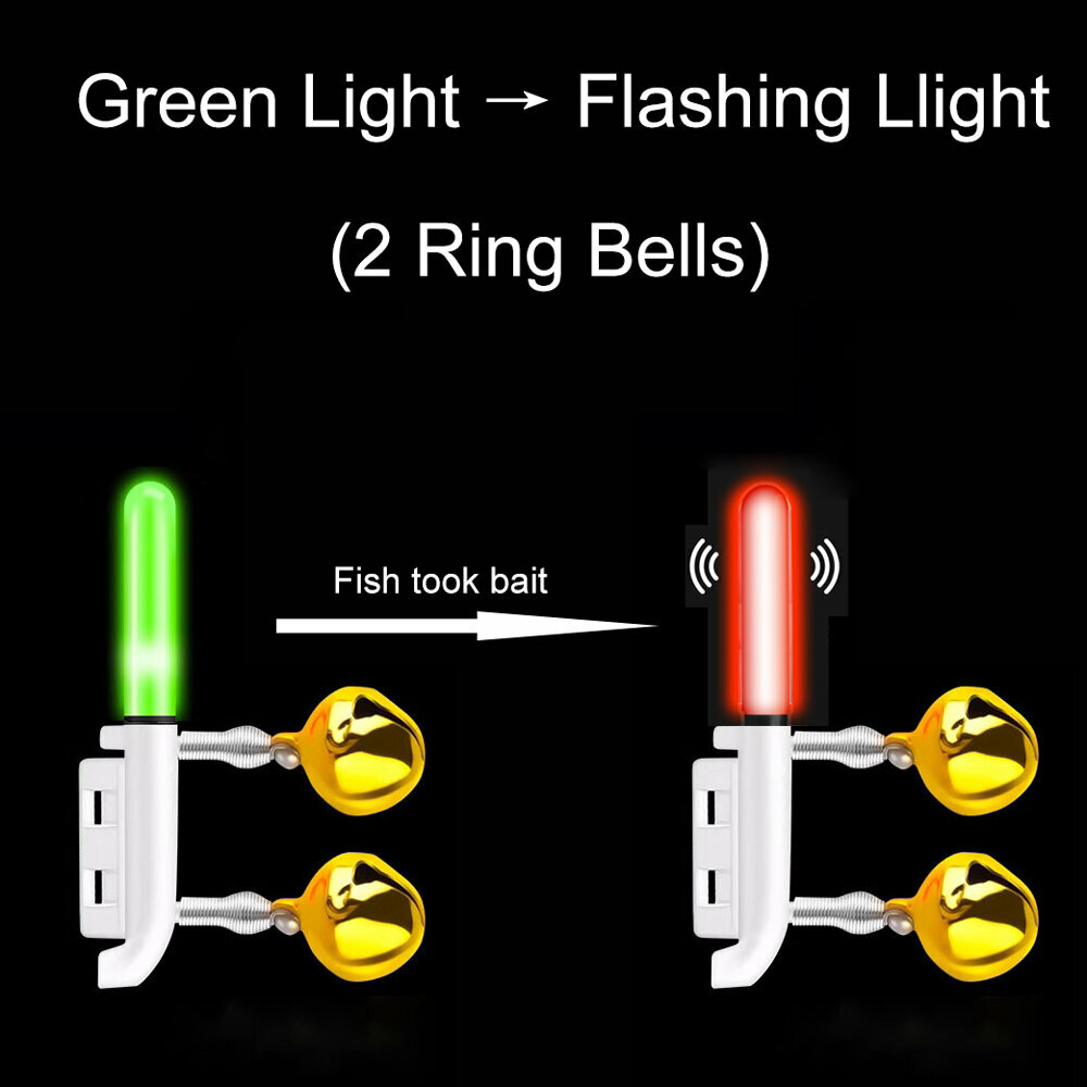 Электронный рыболовный сигнализатор поклевки, мигающий, с двойным колокольчиками, прозрачно-красно-зеленый