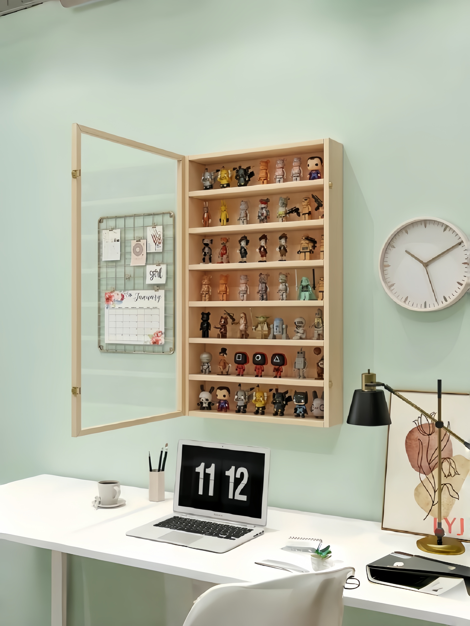 Витрина со стеклом для коллекционных предметов, стеллаж настенный, Дуб Винтерберг, 6 секций