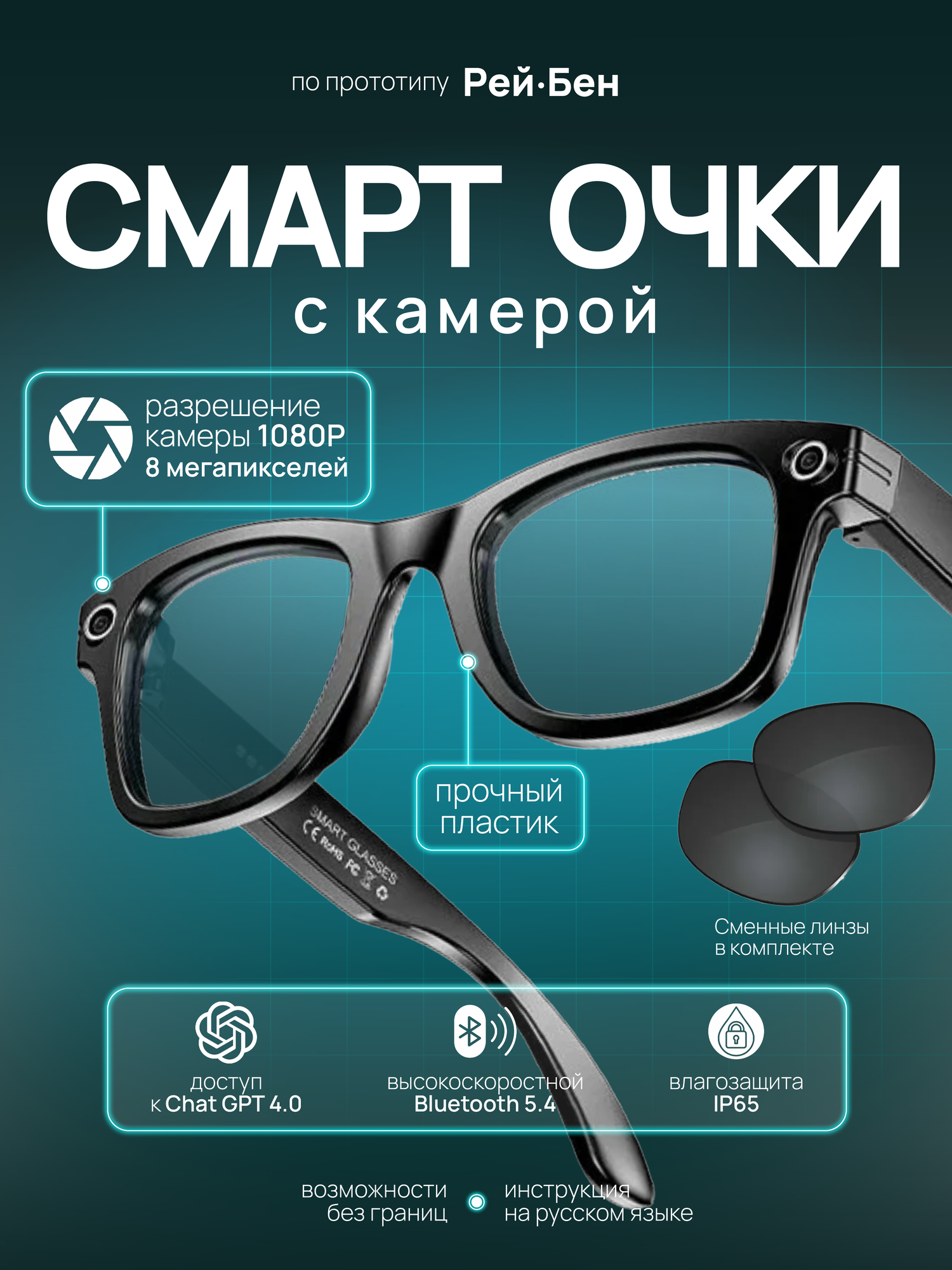 Очки с камерой 8 Мегапикселей 1080p HD