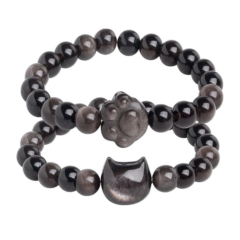 Браслет для гадания, YM Серебро Обсидиан Кот Бусы Удача Пара Друзья