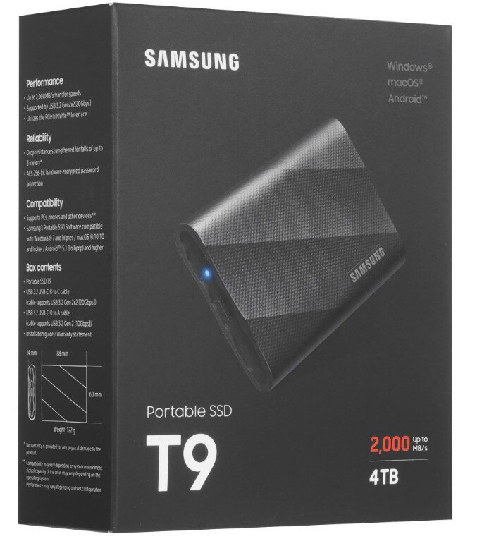 Внешний SSD Samsung T9 4 ТБ, USB 3.2 Type C, черный MU-PG4T0B