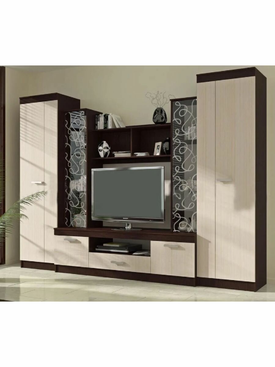 Гостиная Атлантида 4 ЛДСП 3000х2220х590, Венге/Дуб беленый, МИФ