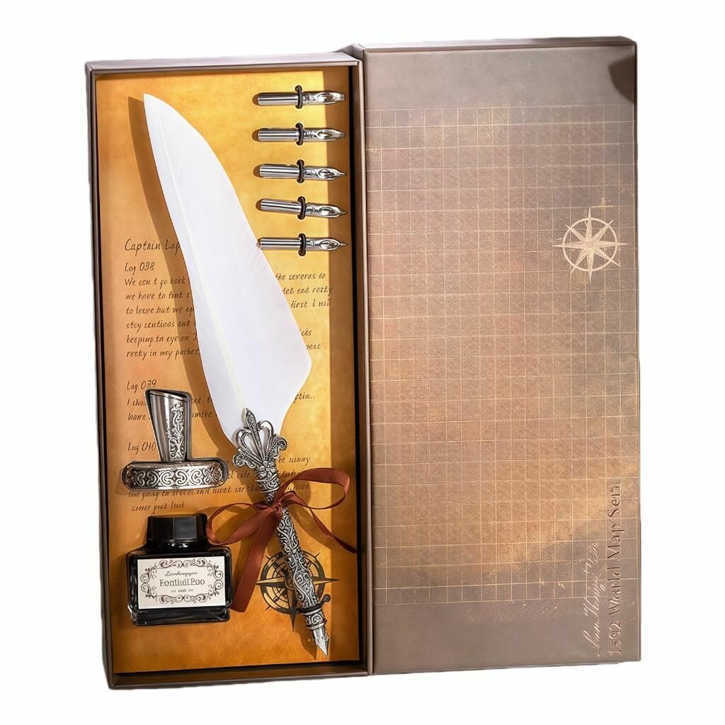 Антикварное перо с 5 сменными наконечниками и чернильницей для коллекционеров, Белый