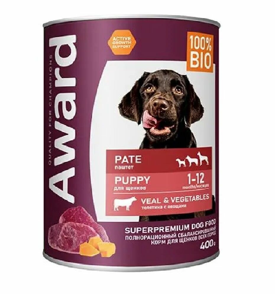Award Puppy Влажный корм Авард для Щенков от 1 месяца Паштет из Телятины с овощами, 400 г