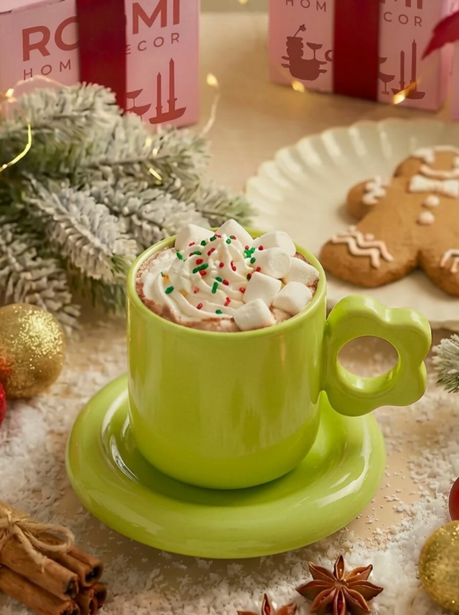 Чайная пара керамическая 325 мл, набор кофейной пары чашка бублик и блюдце керамика, цвет зеленый