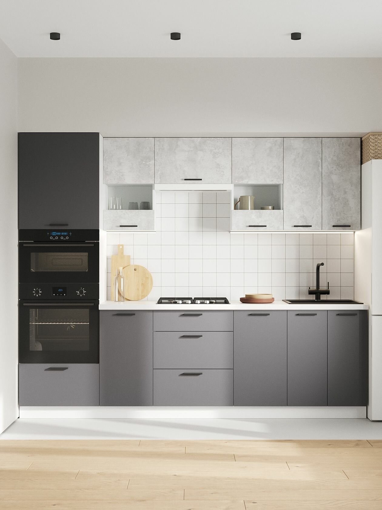 Кухонный гарнитур Урбан 2.6 м, мебель для дома и кухни, Белый / Цемент светлый со стеклом / Графит серый