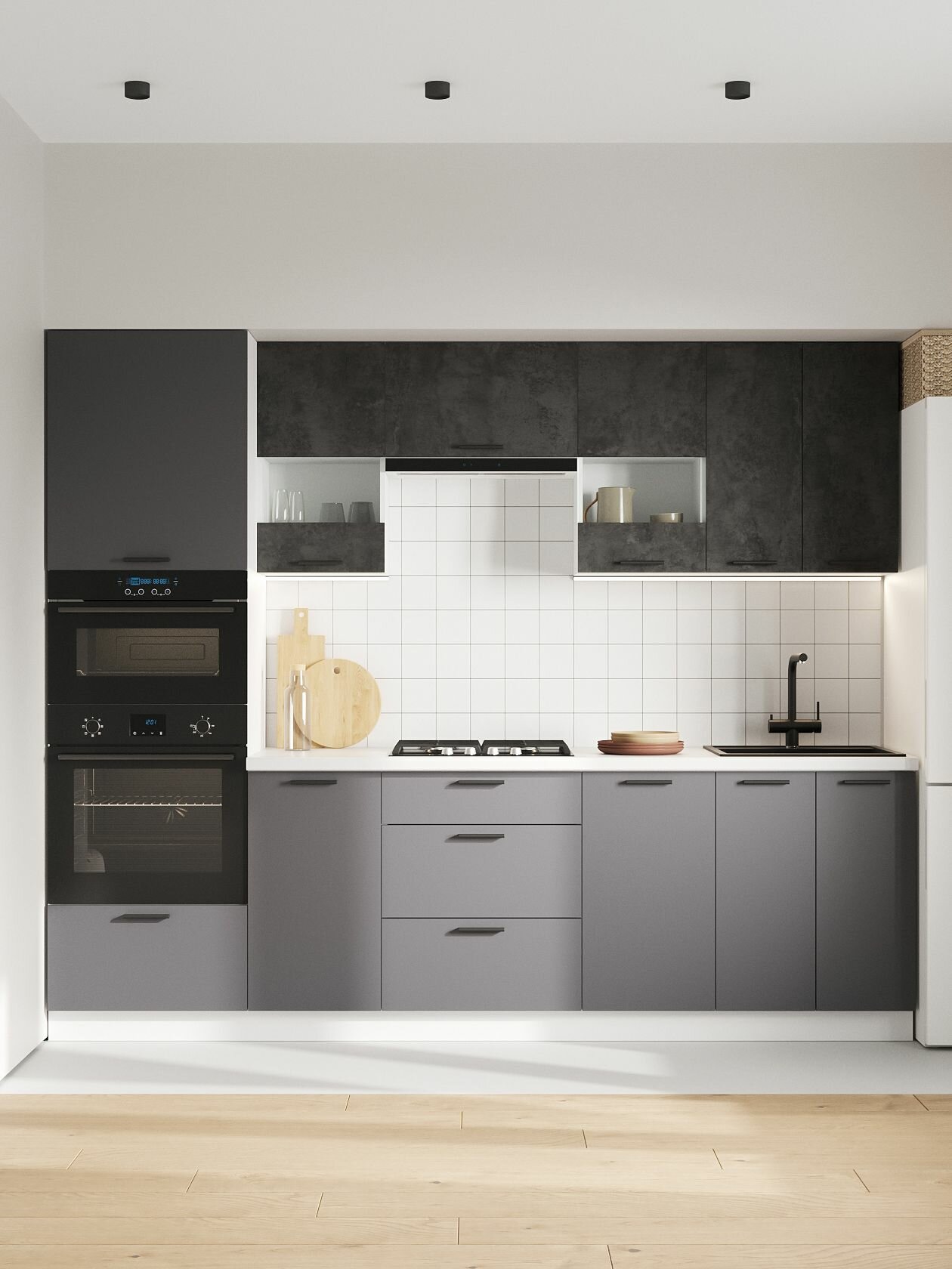 Кухонный гарнитур Урбан 2.6 м, мебель для дома и кухни, Белый / Цемент темный со стеклом / Графит серый