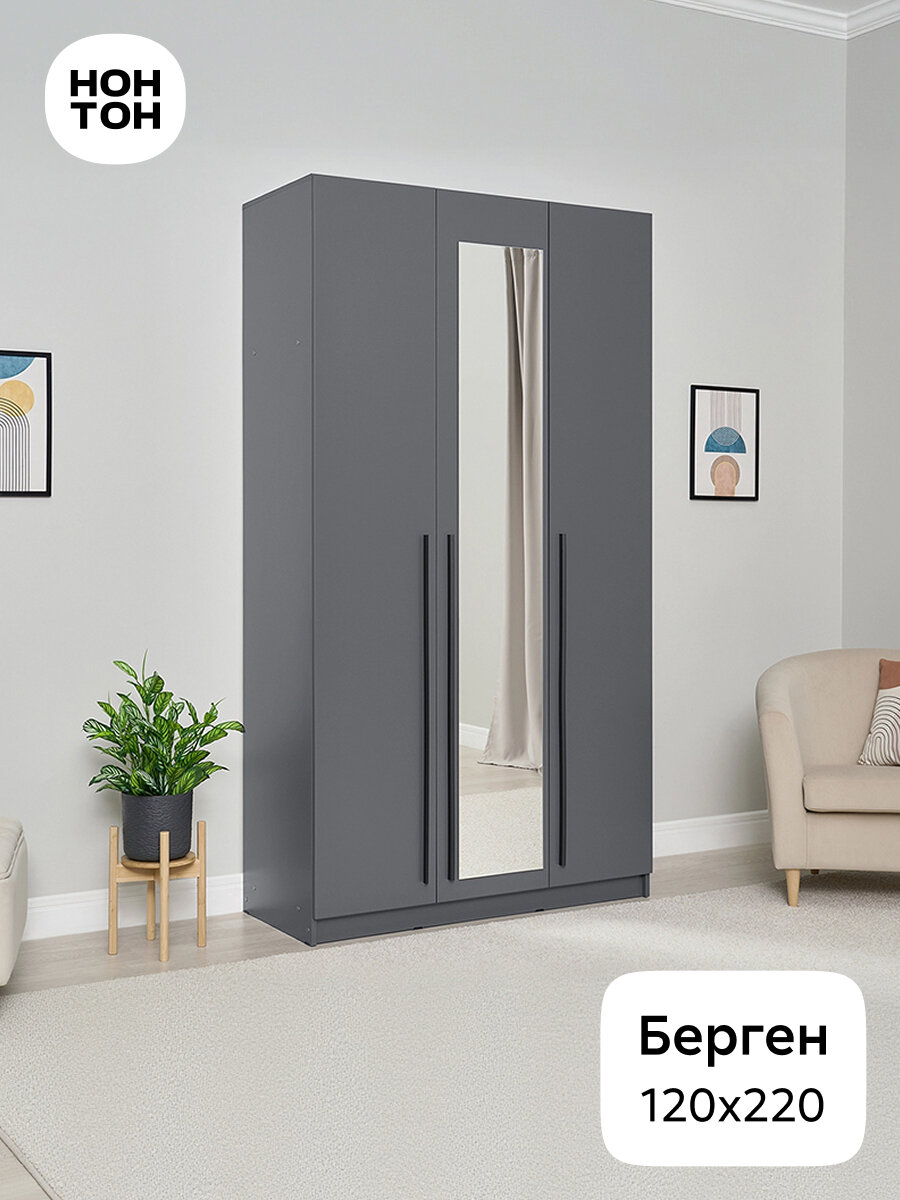 Шкаф для одежды Нонтон Берген, 120х52х220 см, 1 зеркало, серый графит