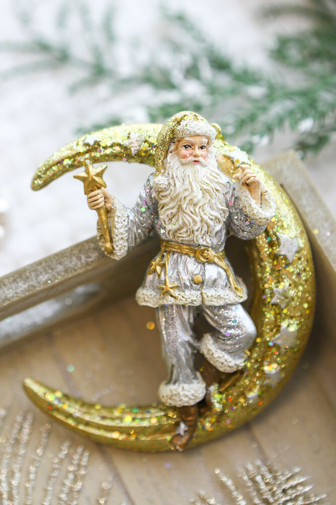 Ёлочная игрушка ДЕД мороз на золотом месяце, полистоун, 10 см, Kurts Adler E1036-1