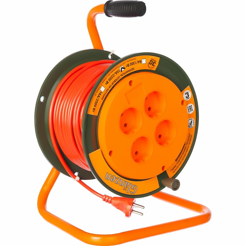 Силовой удлинитель на катушке GLANZEN 4 гн. 30 м ПВС 2x1 EB-30-004 00012291