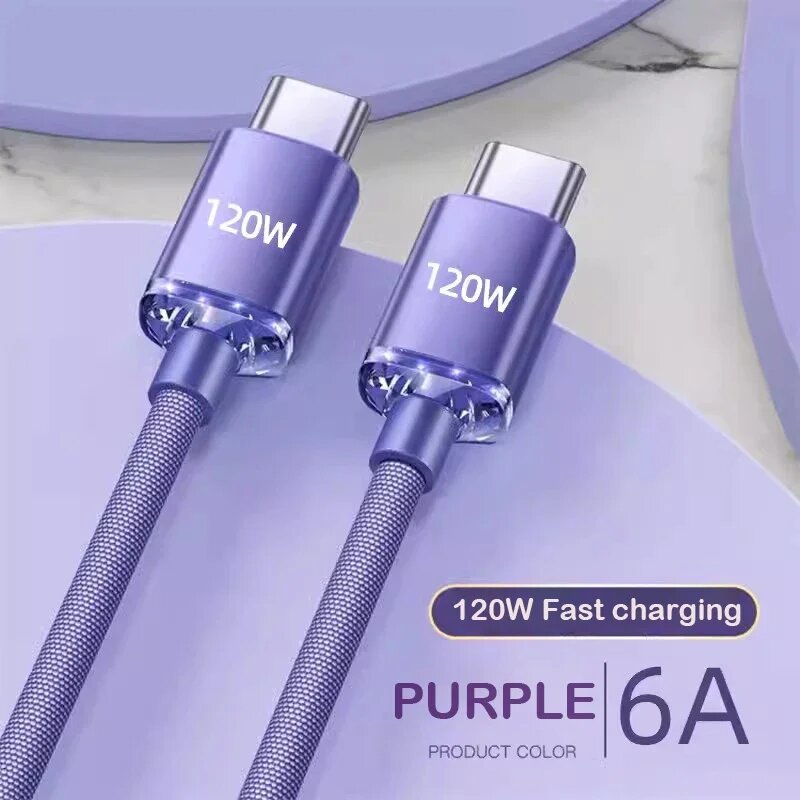 Кабель USB-C Для Быстрой Зарядки 120 Вт, Type-C - Type-C, Для Samsung, 1m, PD 120W Purple Cable