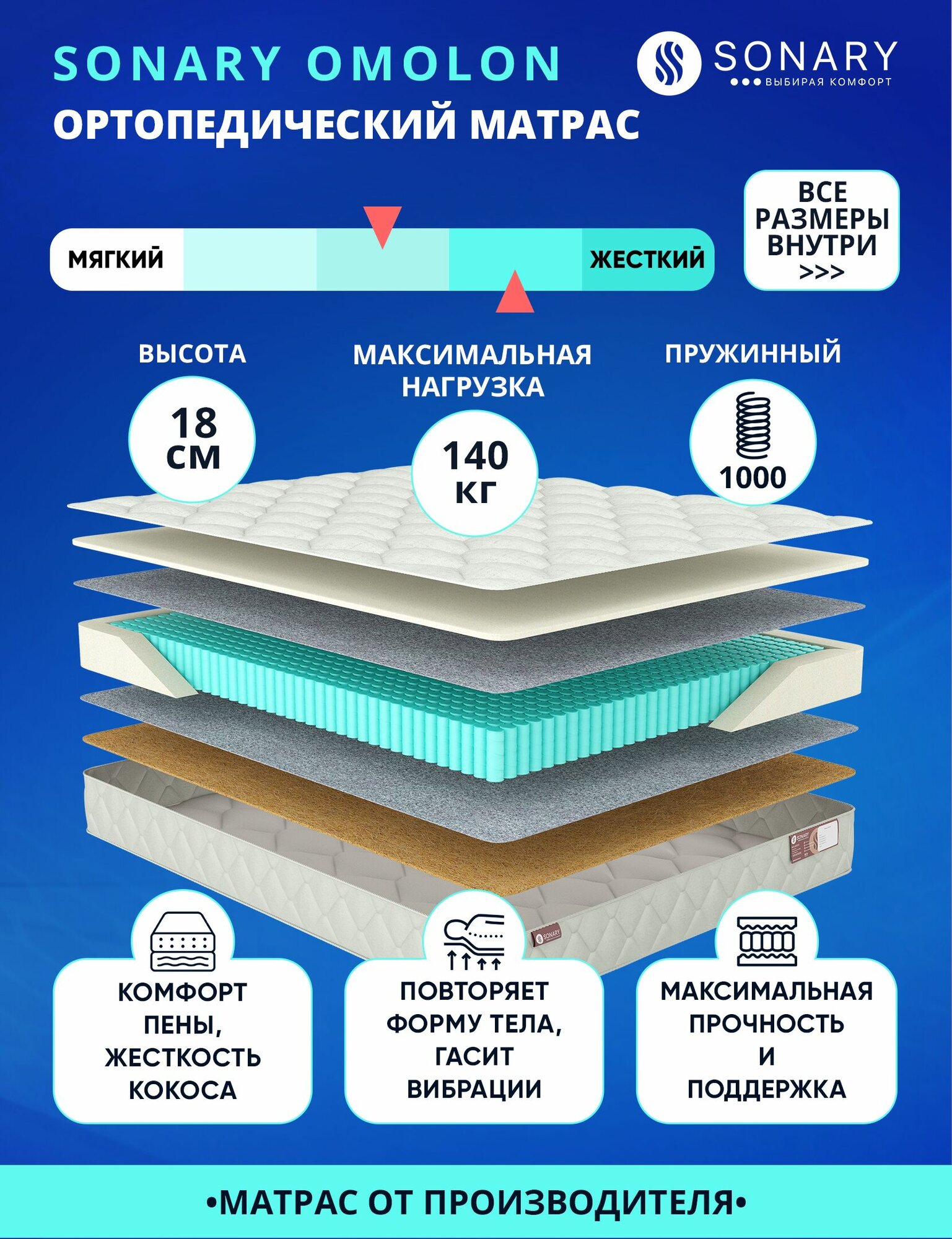 Матрас Sonary Omolon 170х210 серии Baby высота 18 см анатомический средней жесткости кокосовый Независимые пружины