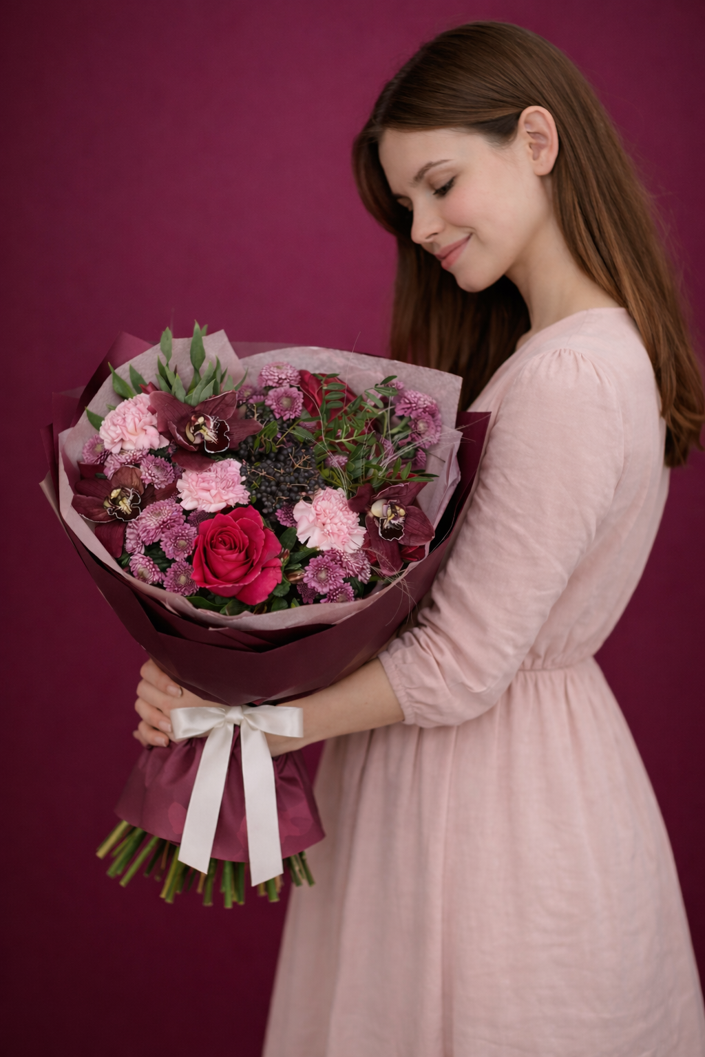 Букет Бутон "Красное вино", орхидеи, розы, сантини, живой, диаметр 30 см