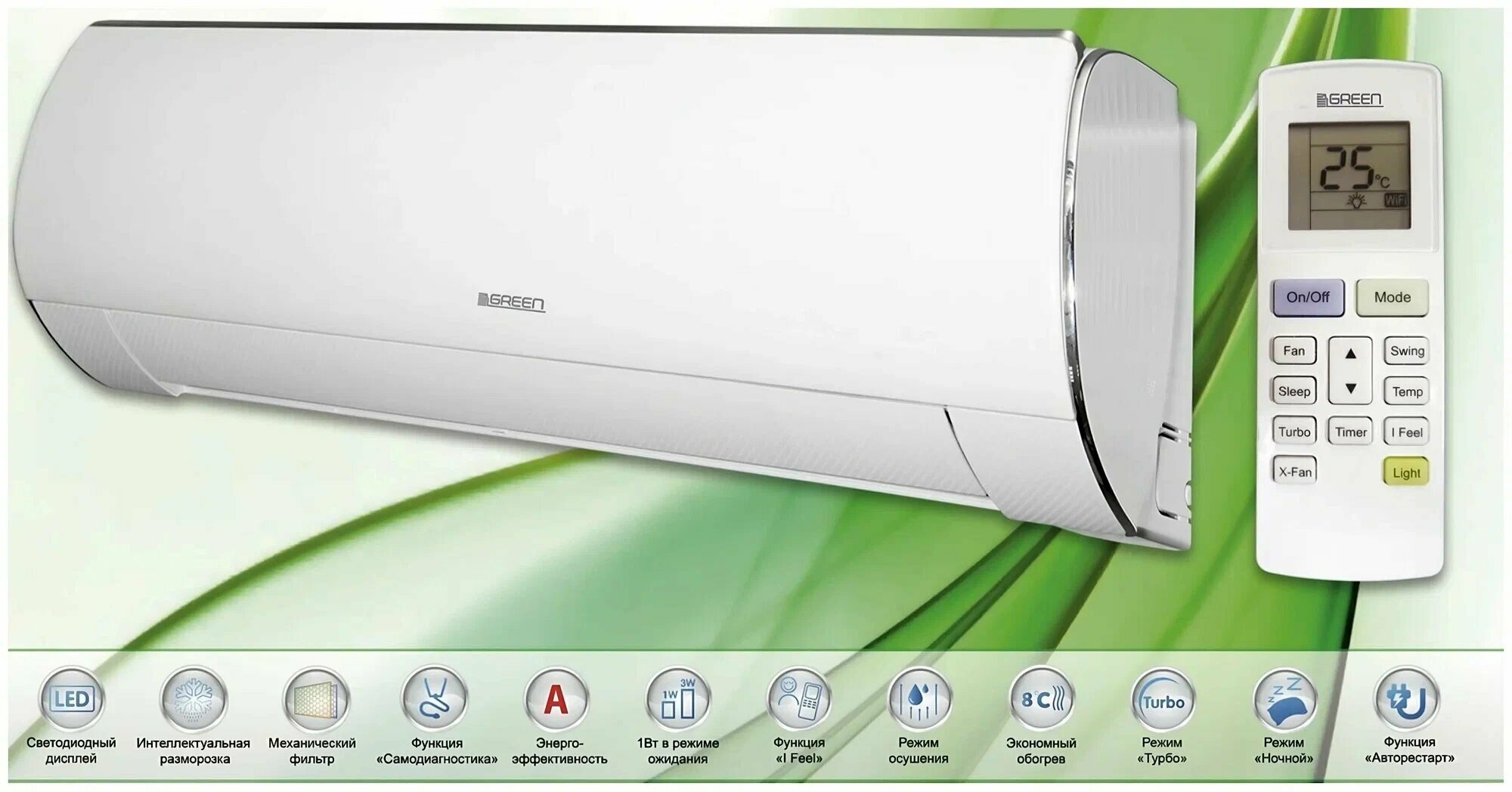 Сплит-система GREEN GRI-36HH2/GRO-36HH3, площадь 90 кв. м, 36BTU, белая