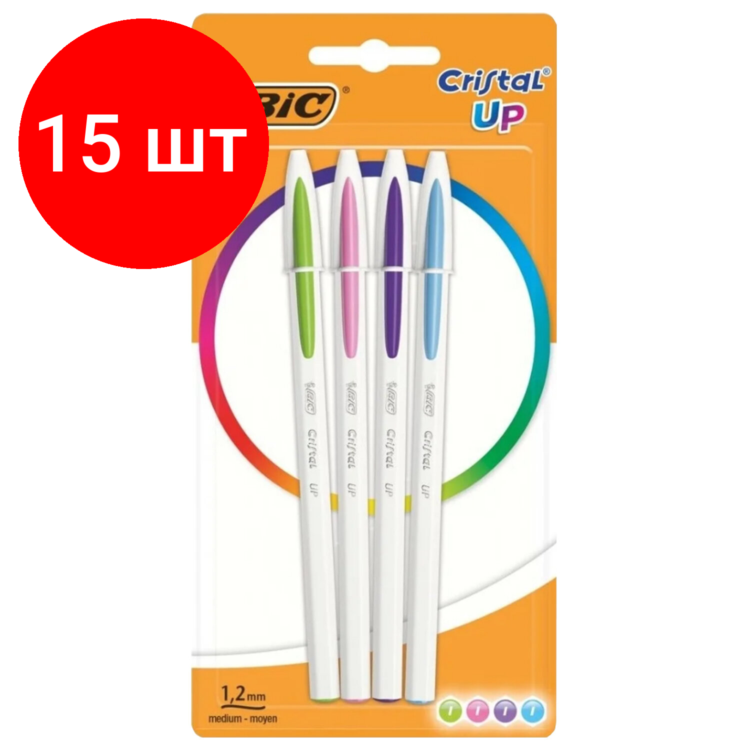 Комплект 15 шт, Ручки шариковые BIC "Cristal Up Fun", набор 4 цвета (салатовый, розовый, фиолетовый, голубой), узел 1 мм, линия 0.32 мм, блистер, 949870