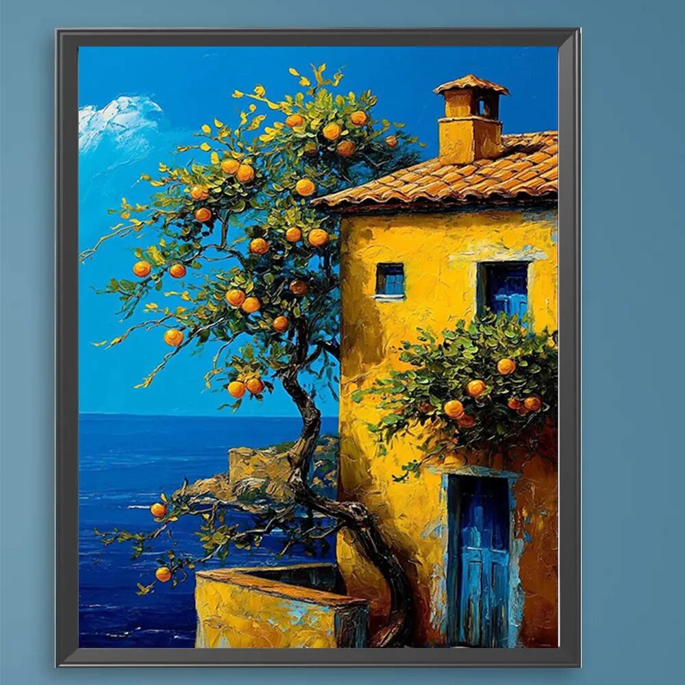 Серия синих и желтых коттеджных пейзажей - цифровая картина маслом без рамы 40*50 см