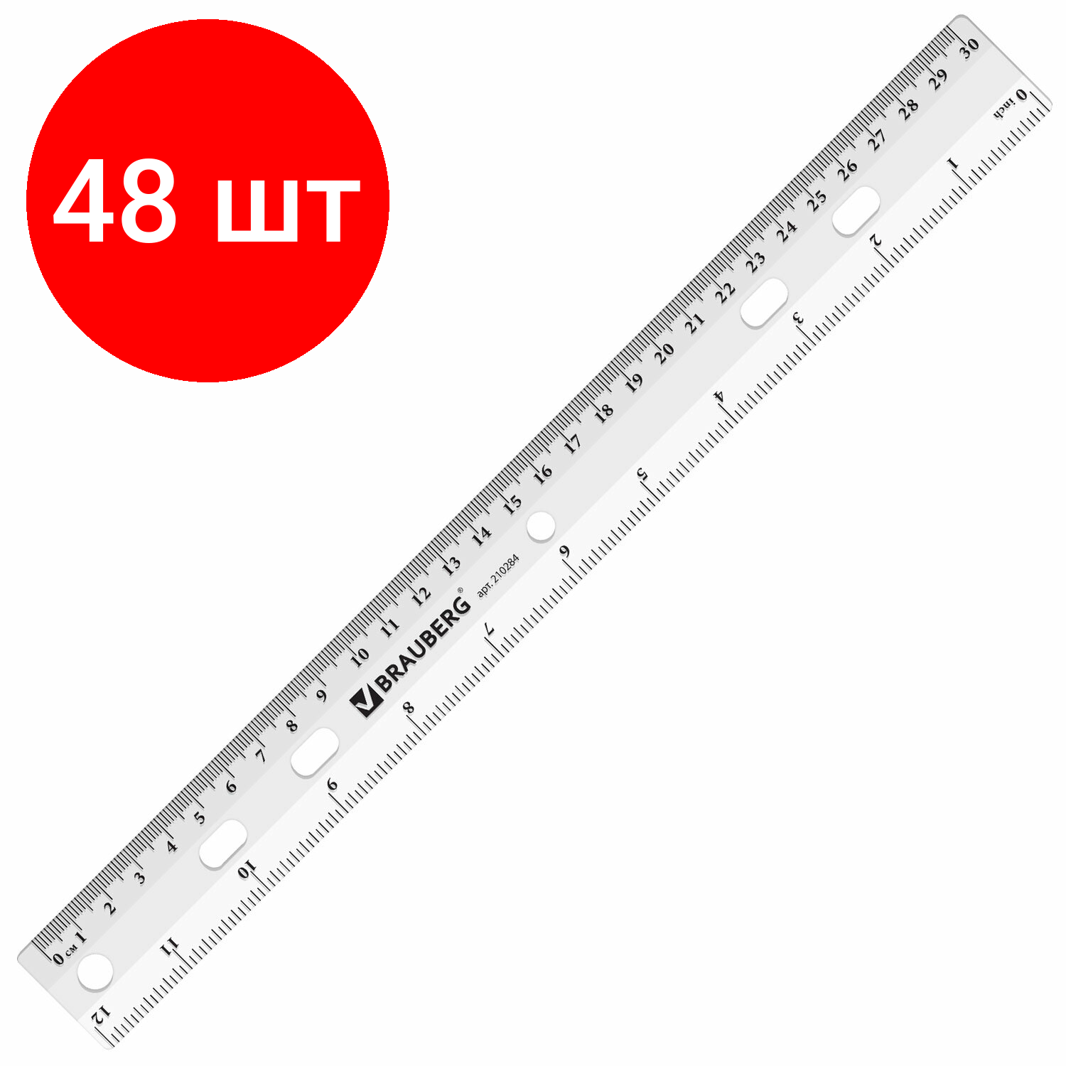 Комплект 48 шт, Линейка пластиковая 30 см, BRAUBERG "Crystal", прозрачная, 210284