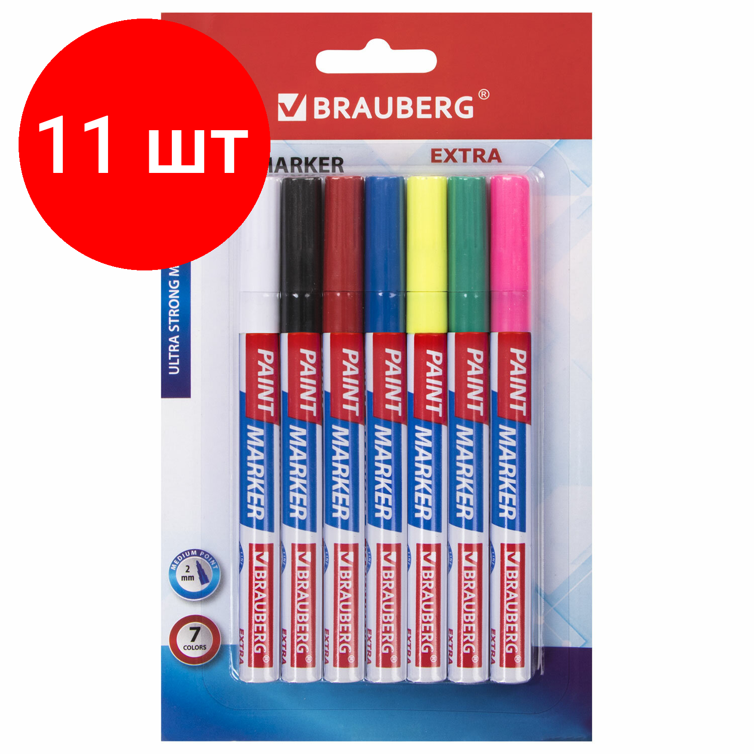 Комплект 11 шт, Маркер-краска лаковый EXTRA (paint marker) 2 мм, набор 7 цветов, улучшенная нитро-основа, BRAUBERG, 151996