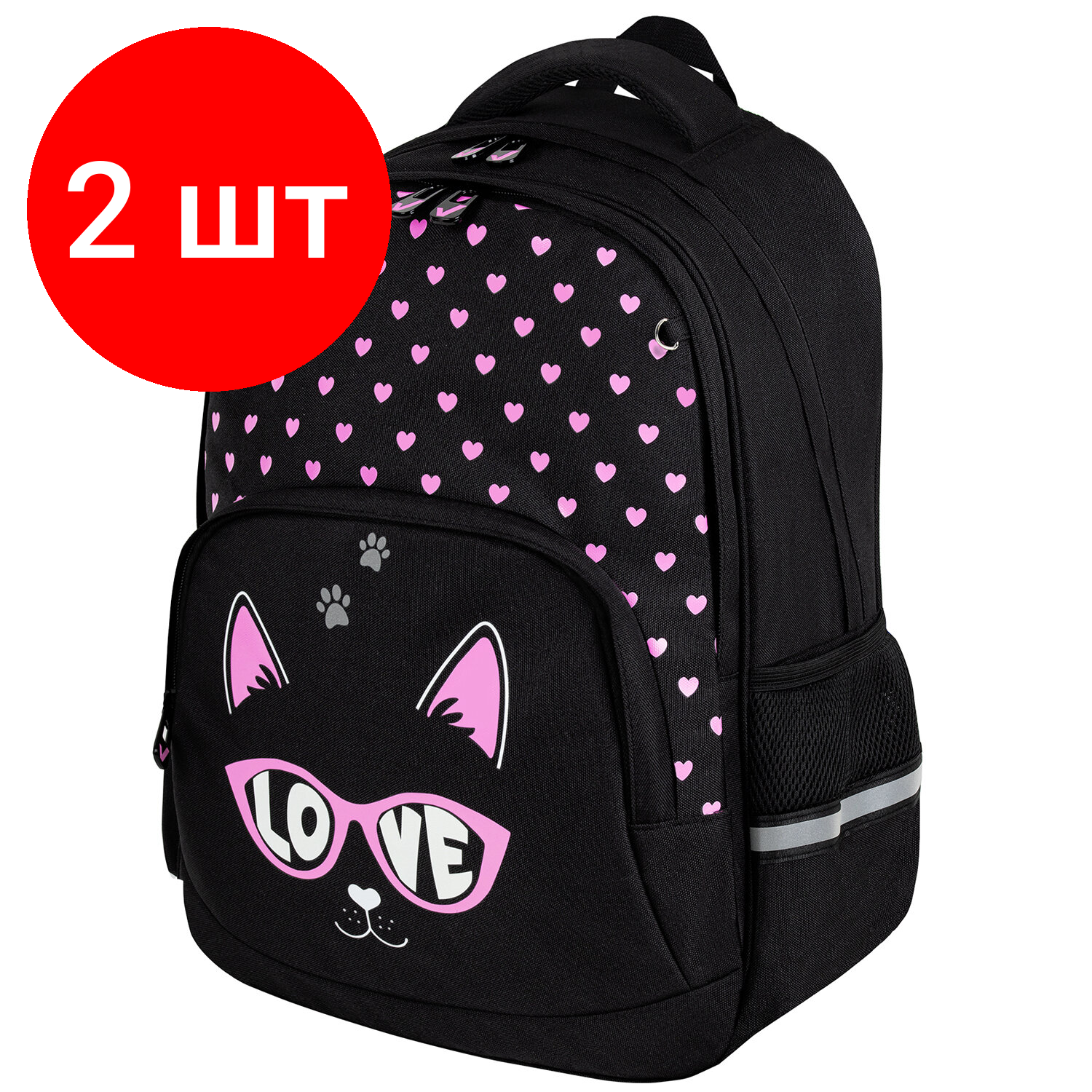 Комплект 2 шт, Рюкзак BRAUBERG SOFT, 2 отделения, 3 кармана, Cool cat, светящийся, 40х31х15 см, 273118