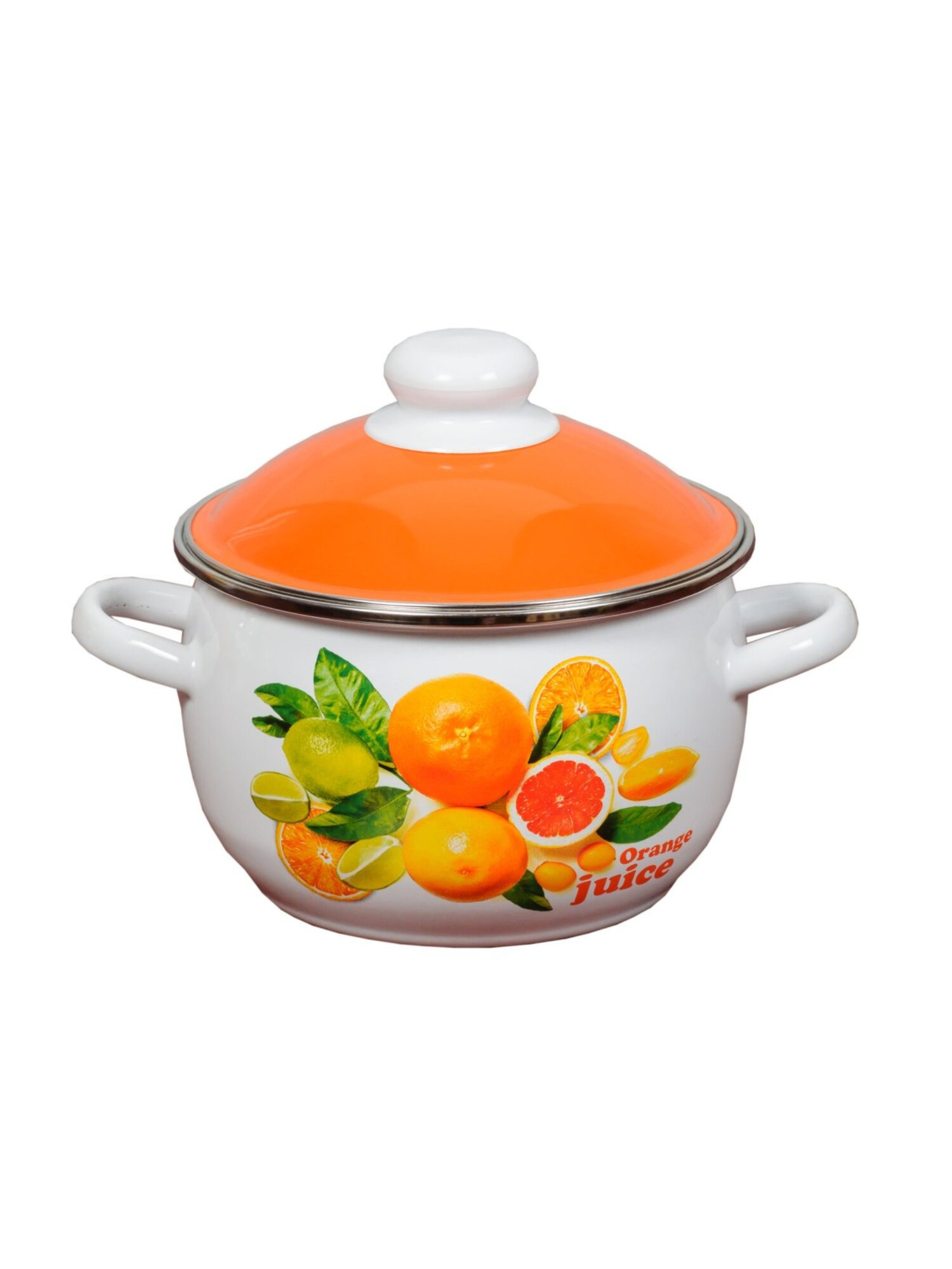 Кастрюля СтальЭмаль Orange 2л эмалированная сталь, 18см, индукция, сферическая форма, белая с апельсинами
