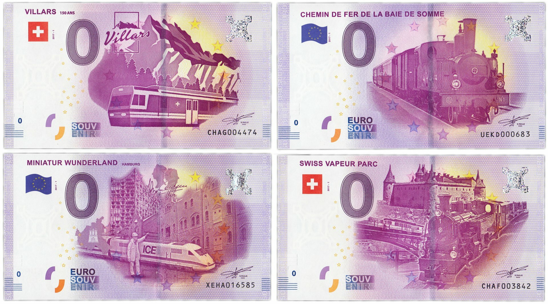 0 евро euro набор из 4-х банкнот "Поезда"