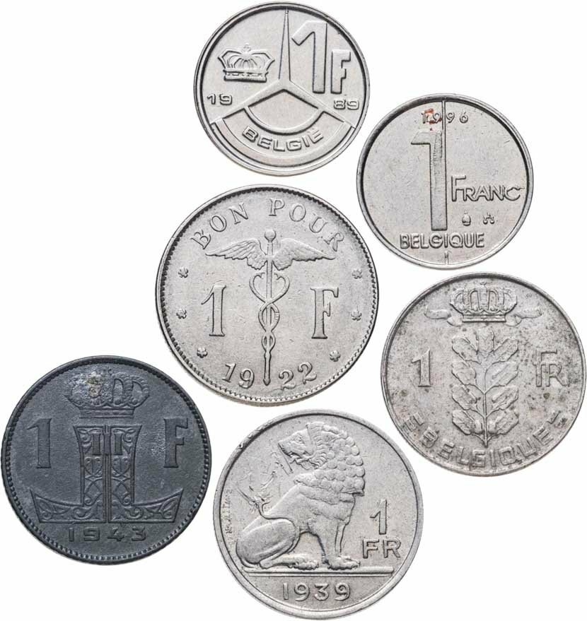 Бельгия набор из 6 монет 1 франк franc 1922-1996, Никель, в сохранности XF-UNC