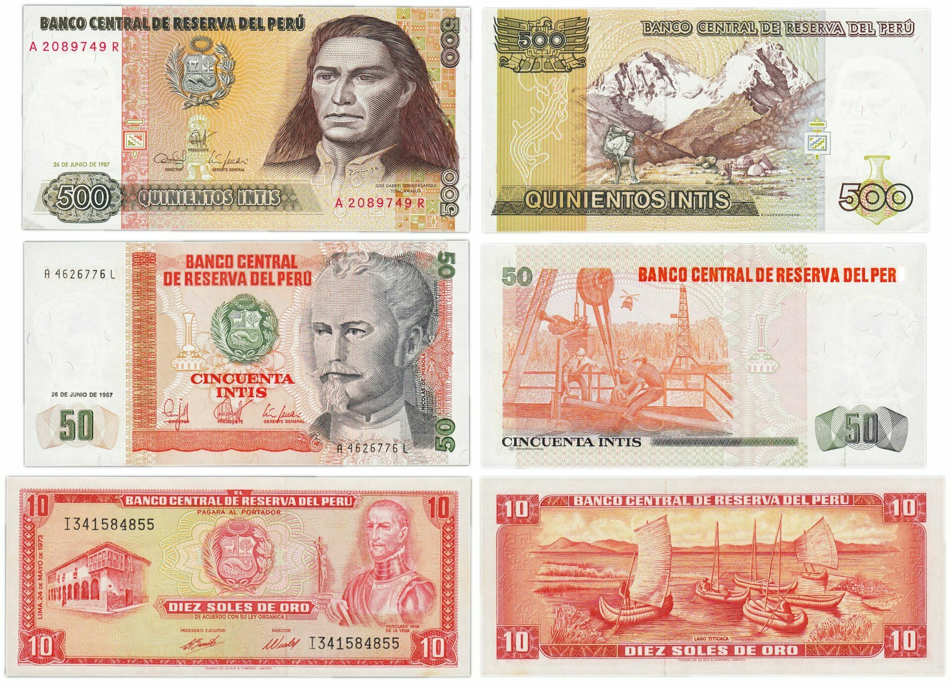 Перу набор из 3 банкнот 10, 50, 500 инти 1973-1987