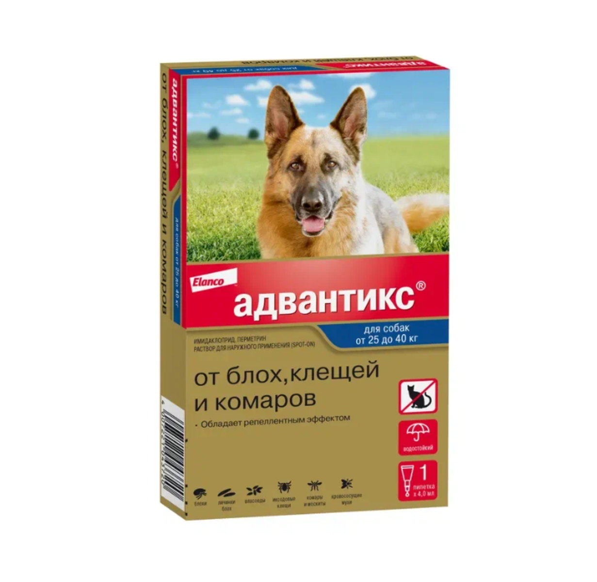 Адвантикс Elanco капли от блох, клещей, комаров для собак 25 - 40кг 4мл, упаковка 1 пипетка