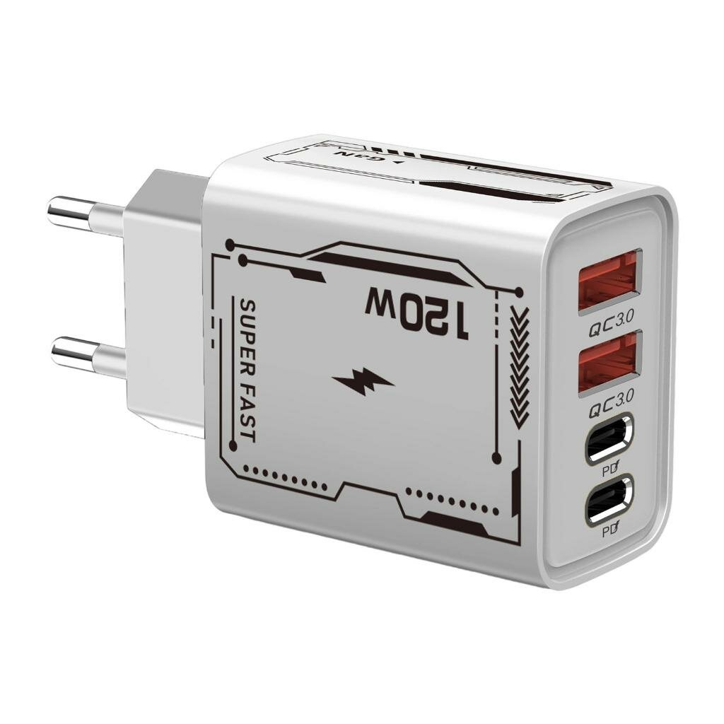 Европейский адаптер питания 120 Вт с двумя USB-портами PD, Белый