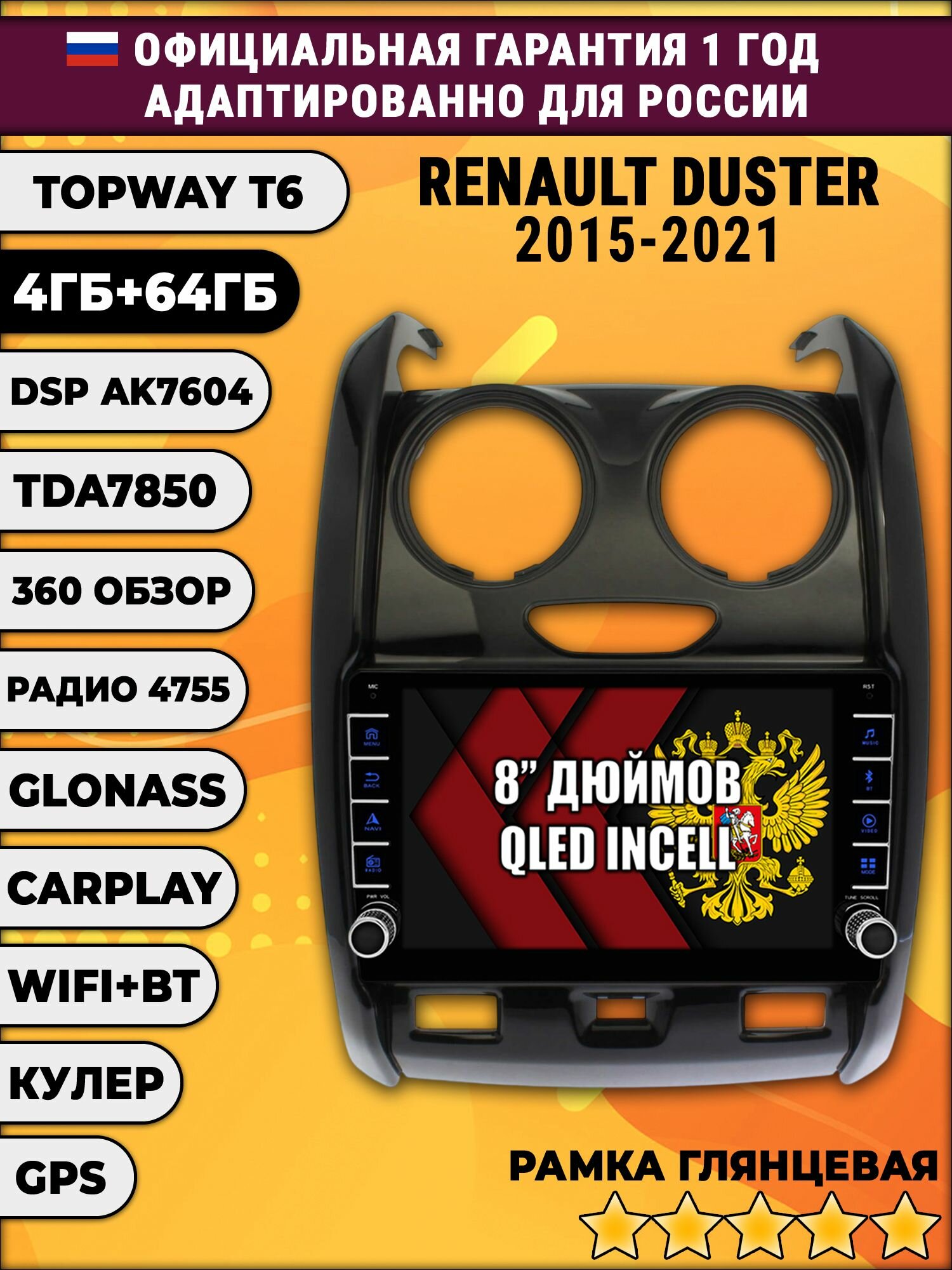 4гб+64гб с DSP и 360 для RENAULT DUSTER (2015-2021) Рено дастер, Android магнитола с DSP, LTE, усилитель TDA7850