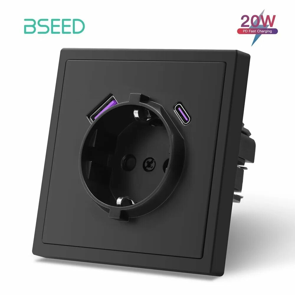 Розетка BSEED тройная с USB и type-C входами, быстрая зарядка 20W Настенный розетка с когтями, PC рамка Черная