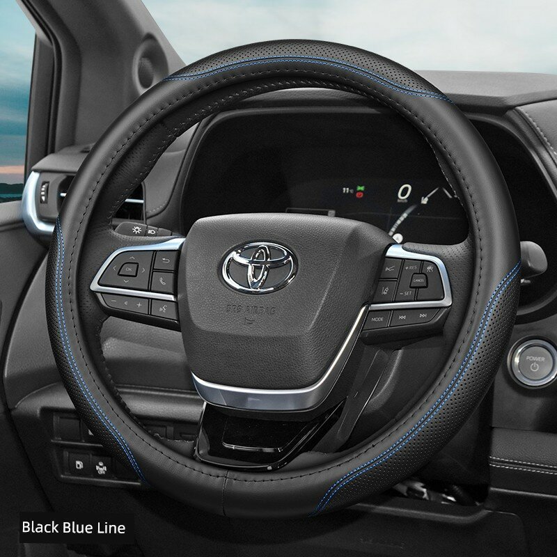 Кожаный чехол на рулевое колесо для Toyota Sienna 2021-2024, черный с синими акцентными линиями, премиум-деталь салона