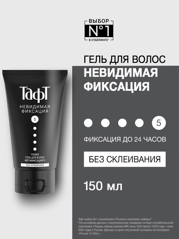 Гель для укладки волос тафт Power Невидимая фиксация, мегафиксация, 150 мл