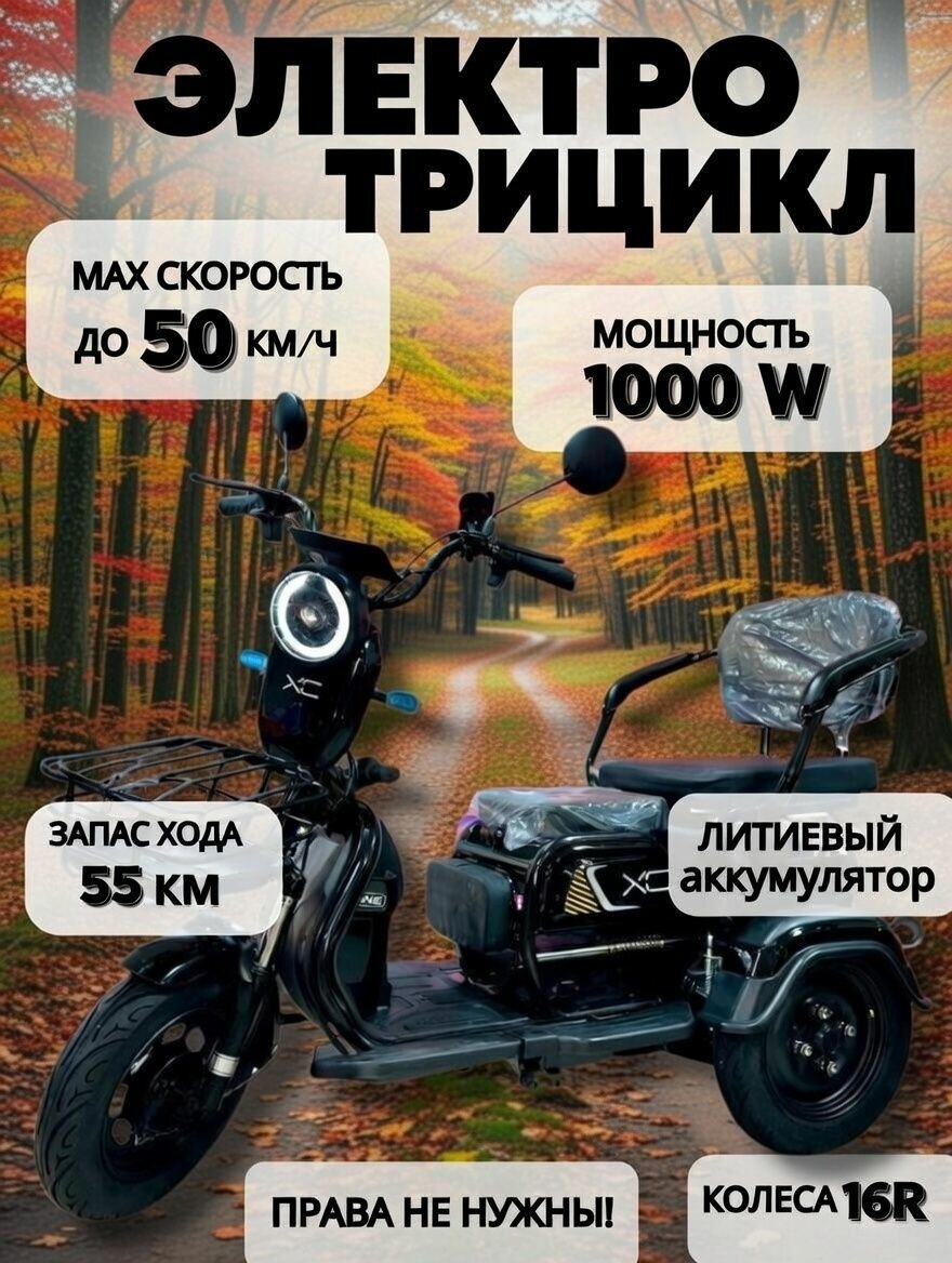 Трёхколёсный электроскутер для взрослых, 1000W, запас хода до 55 км