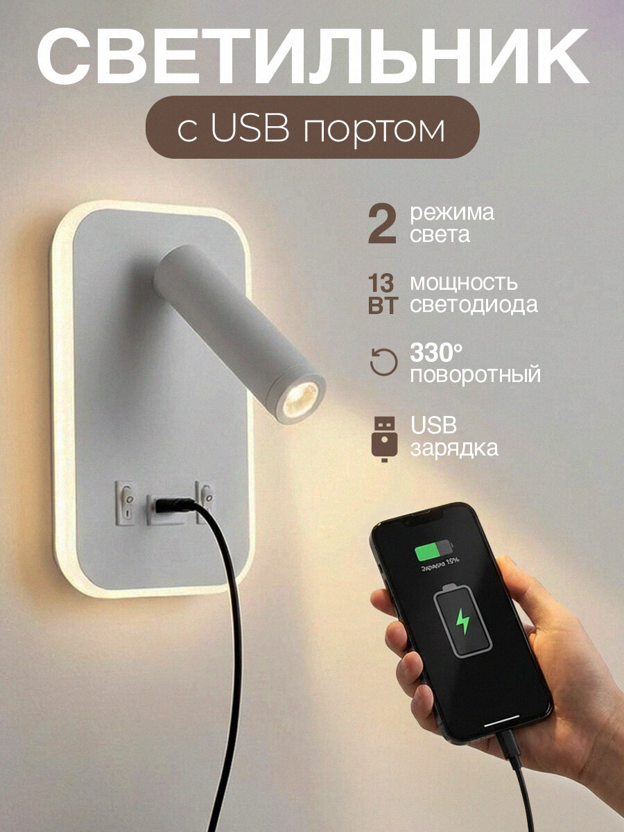 Настенный светильник с выключателем светодиодный белый Marseille USB White 13W, 4000К, бра
