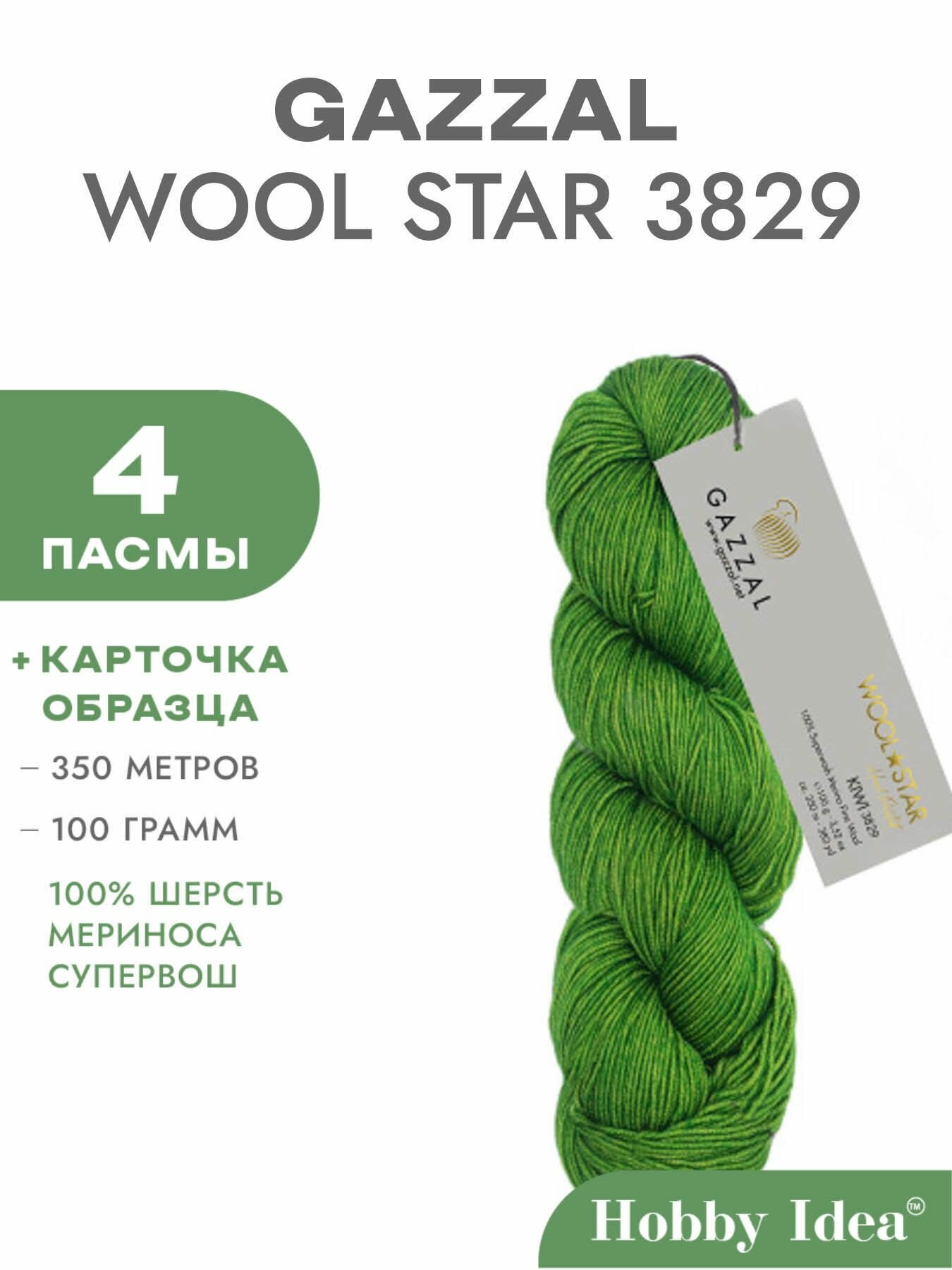 Пряжа Gazzal Wool Star 3829 Салатовый 4 пасмы (Мериносовая пряжа в пасмах Газзал Вул Стар)