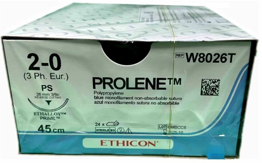 Шовный материал W8026T ETHICON PROLENE пролен 2/0, 45 см, Прайм обр.-реж. 26 мм, 3/8 (24шт.)